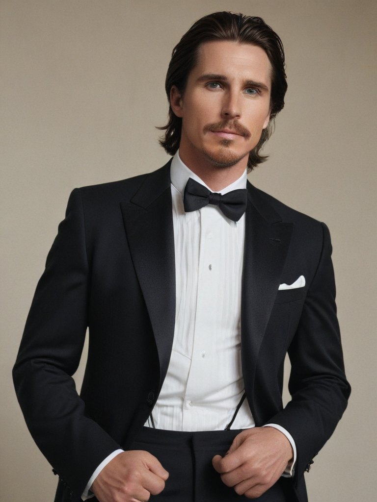 Christian Bale in tuxedo, muscle, magazine photoshoot style