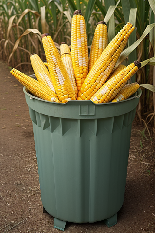 Colorful Corn Cobs Overflowing from a Green Trash Bin in Field