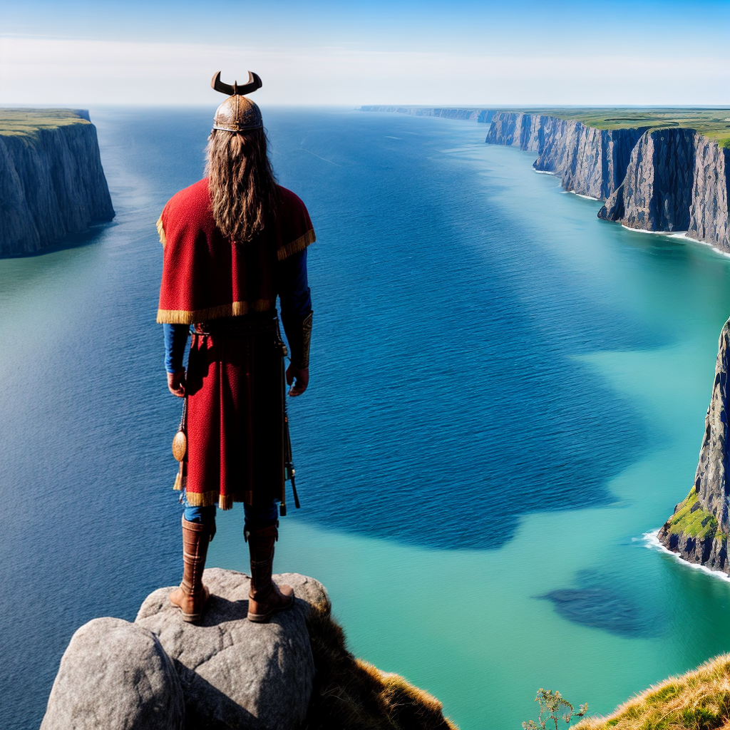 Viking standing on a cliff looking over the vast ocean