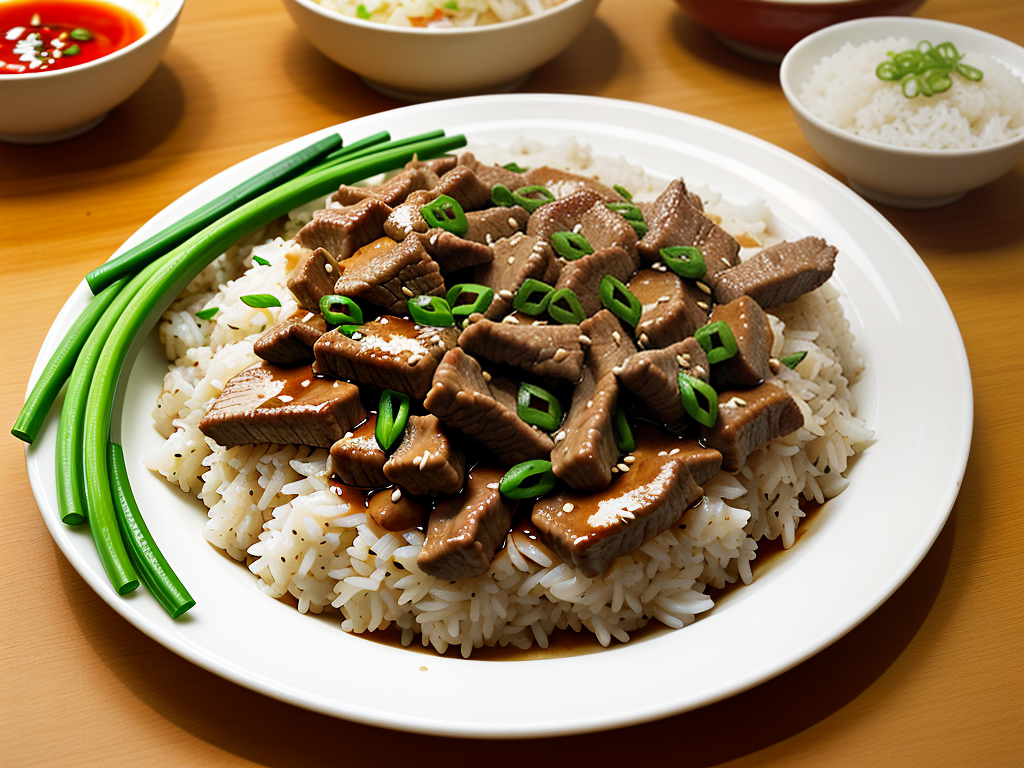 Delicious Plate of Tender Beef Served Over Fluffy White Rice Dish