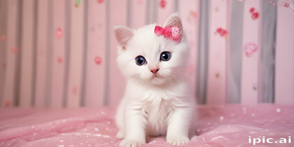 A Cute White Kitten with Blue Eyes and a Pink Bow.