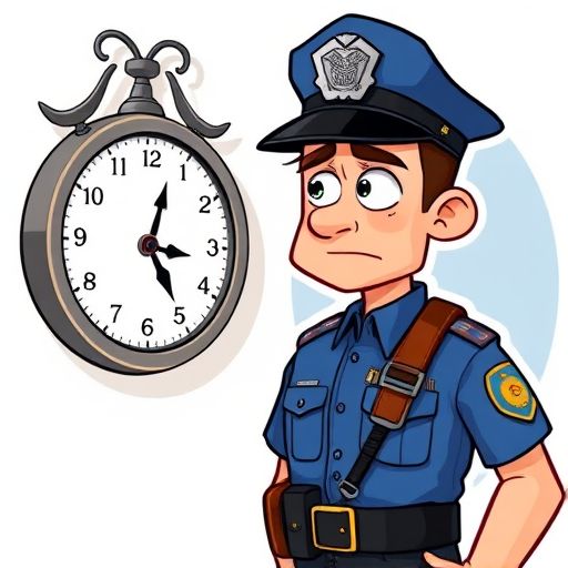 Cartoon Police Officer Checking Time on a Vintage Wall Clock