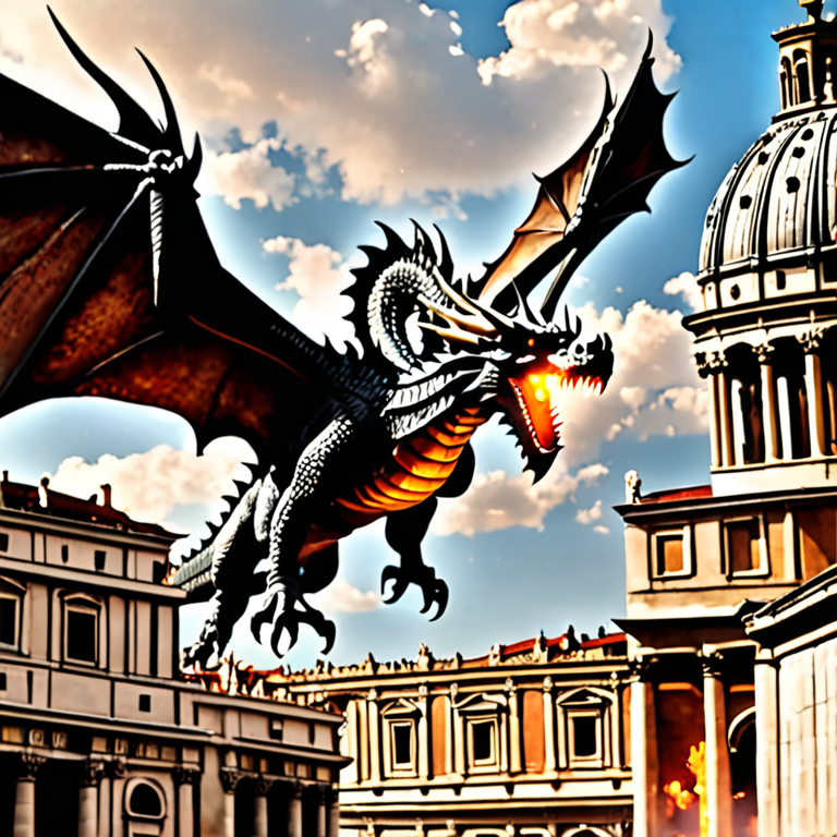 "In an epic scenario, an imposing dragon with outstretched wings hovers ...