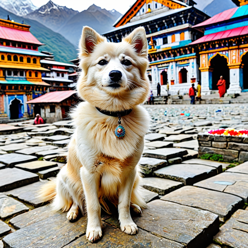White Indian Spitz dog praying in kedarnath temple