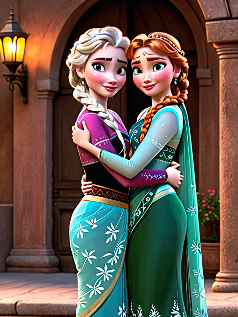 Elsa and Anna together hugs in saree indian 3D Disney