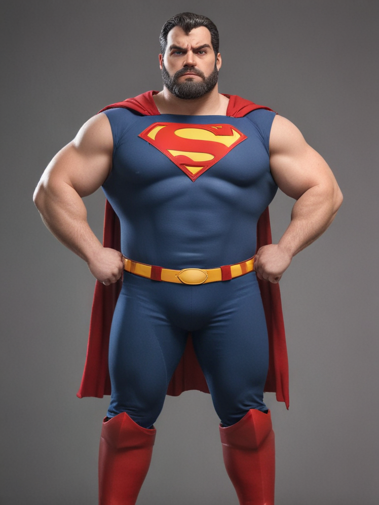 Realistic, angry face, chubby guy, red boots, realistic superman costume, hands on waist, bald ...