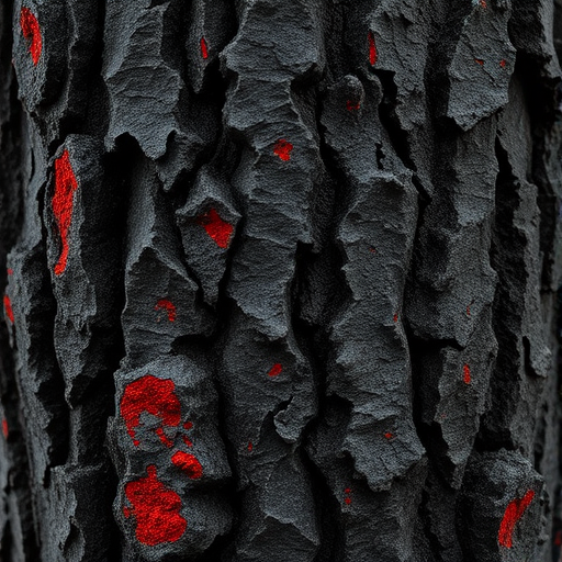 Textured Tree Bark with Striking Red Spots Against a Dark Background
