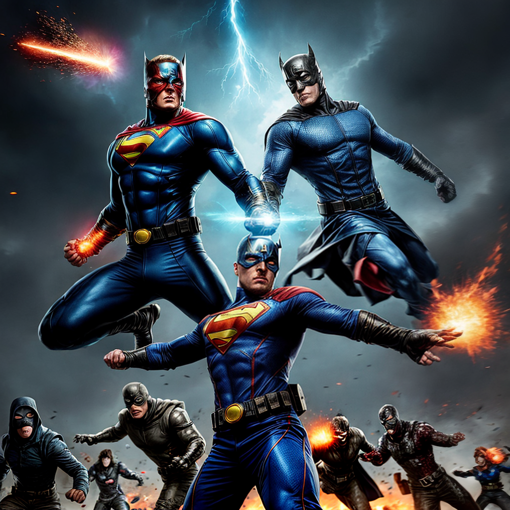 One super-hero with a blue outfit fights a black-masked villain in a ...