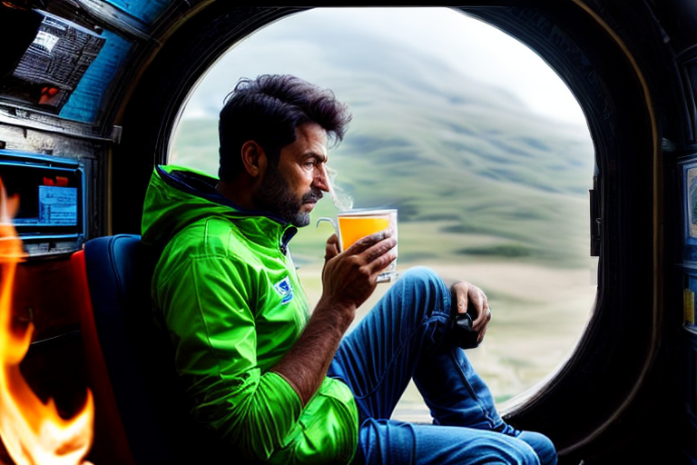 man drinking tea in space setting in tea stall