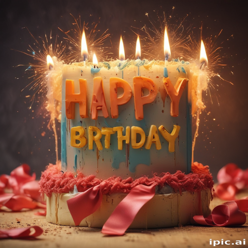 A Colorful Birthday Cake with Sparking Candles and Festive Decorations.