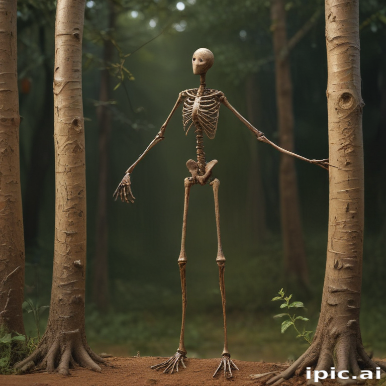 A Playful Skeleton Standing Between Trees in a Mystical Forest Setting