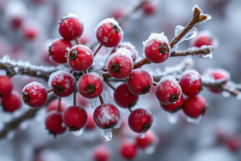 High-resolution close-up photograph of frozen berries on branches with ...