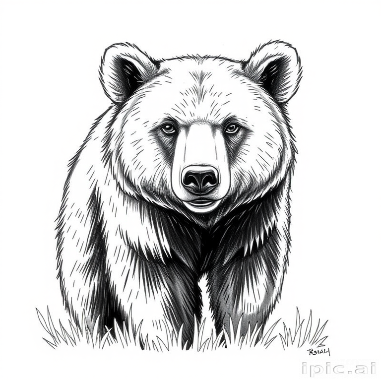 Intricate Black and White Illustration of a Majestic Bear in Nature