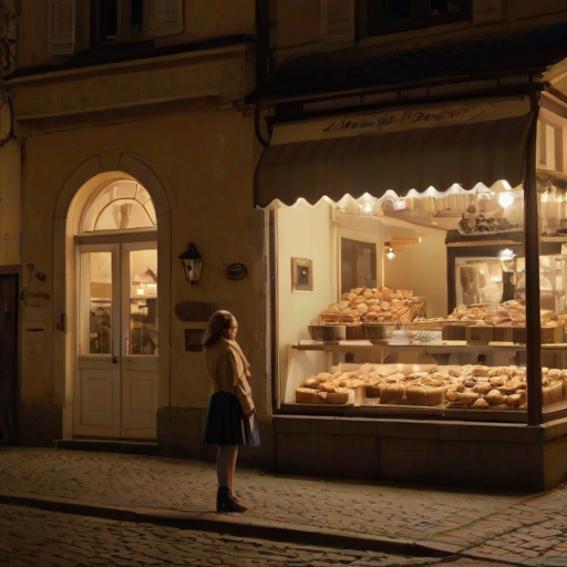 Enchanting Evening Scene of a Woman Admiring a Bakery Display at Night