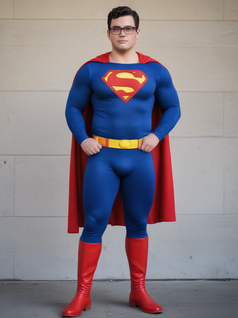 Realistic chubby high school nerd guy, realistic superman costume and ...