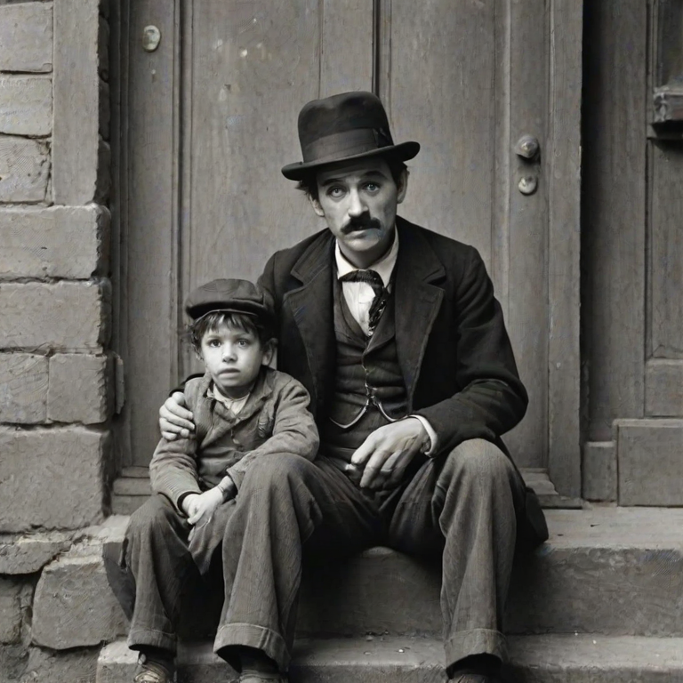 A Man and a Boy Sitting Together on Steps, Deep in Thought.