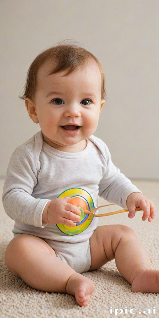 Joyful Baby Playing with Colorful Toy on Soft Beige Carpet