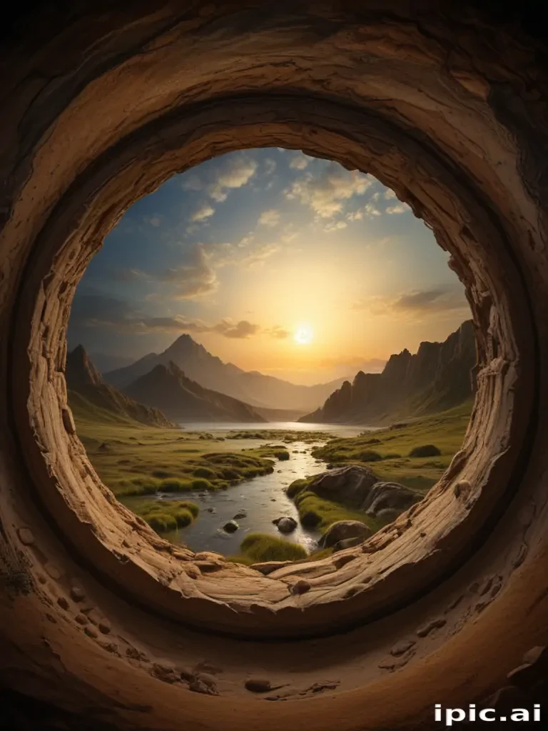 Stunning Mountain Landscape Framed by a Natural Circular Opening at Sunset