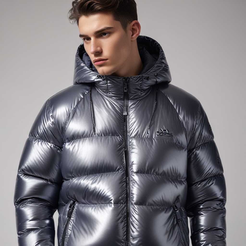 Male supermodel adidas shiny puffer jacket bling jewellery hood