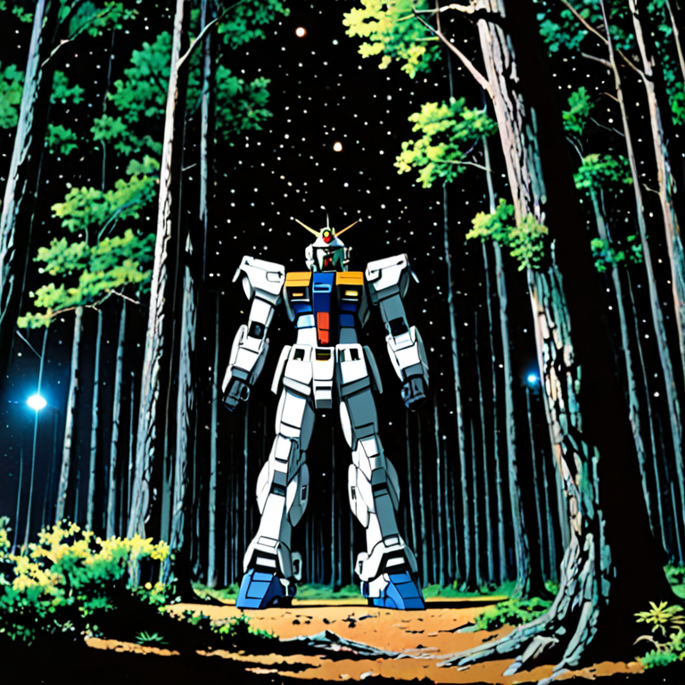 Gundam, unknown planet, forest, trees, night time, liminal