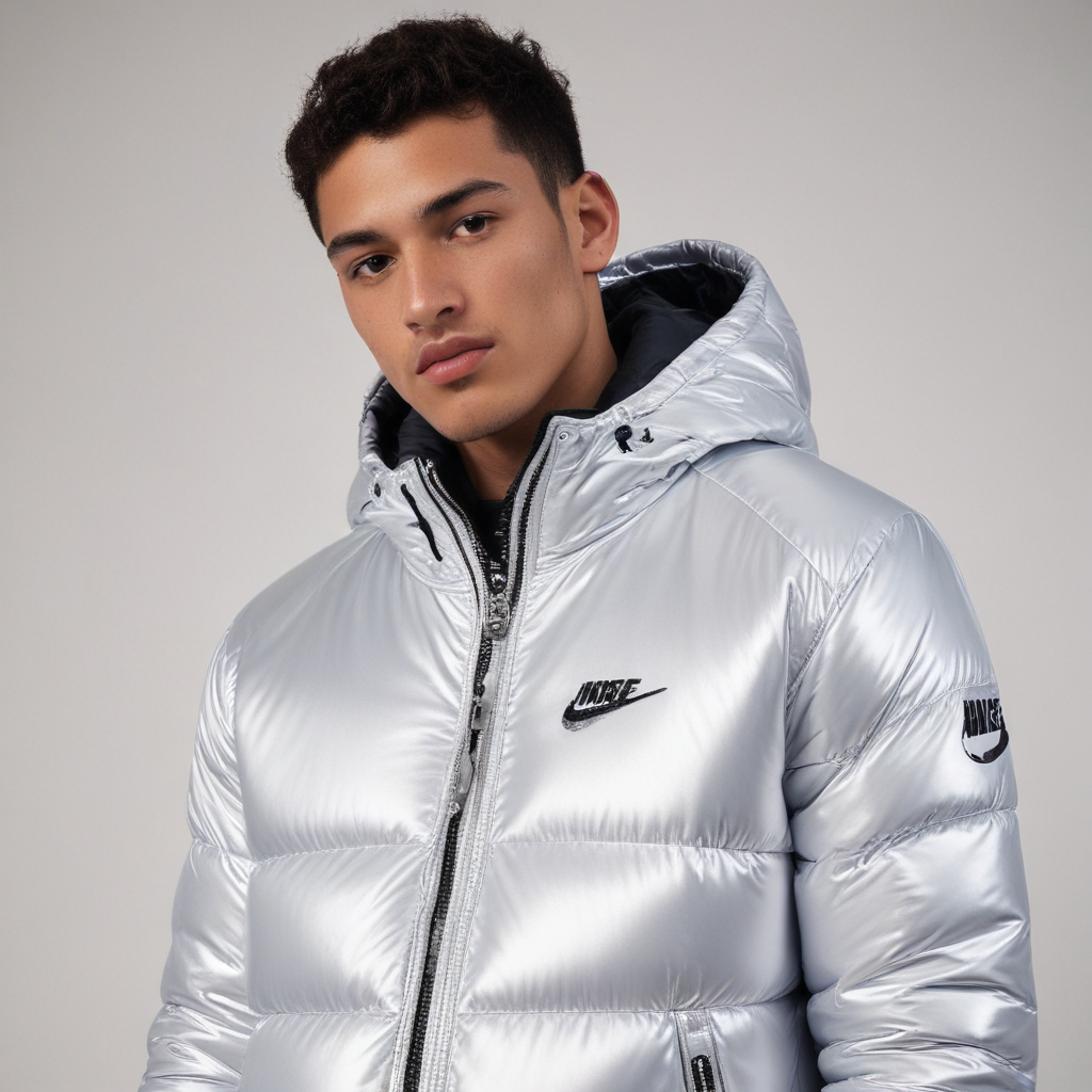 Male supermodel nike shiny puffer jacket bling jewellery hood