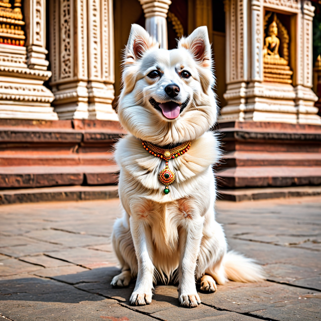 White Indian Spitz dog in hindu temple praying to God