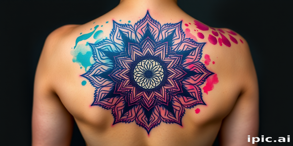 Intricate Mandala Tattoo Design with Vibrant Colors on a Bare Back