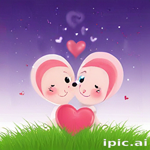 Two Adorable Cartoon Characters Sharing a Loving Kiss Under a Heartfelt Sky