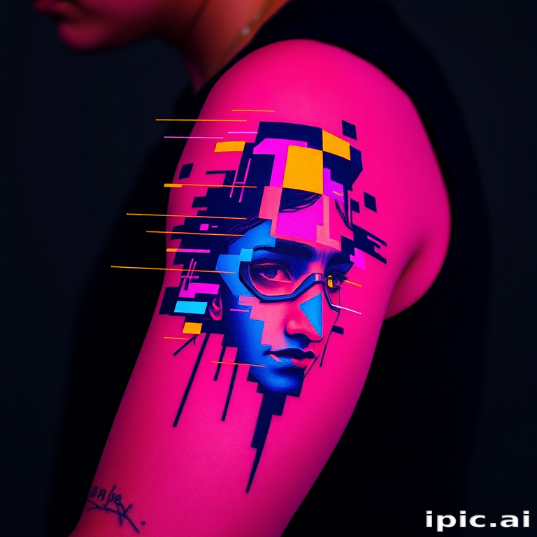 Glitch art-inspired pixelated design on upper arm, fragmented and ...