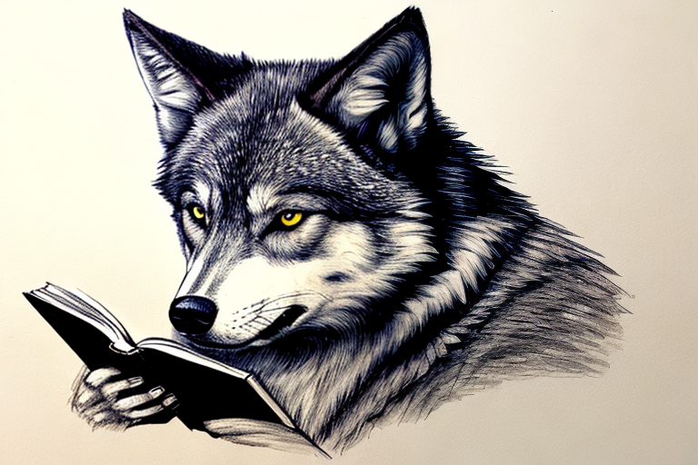 a drawing of a wolf reading a book, he is sitted.