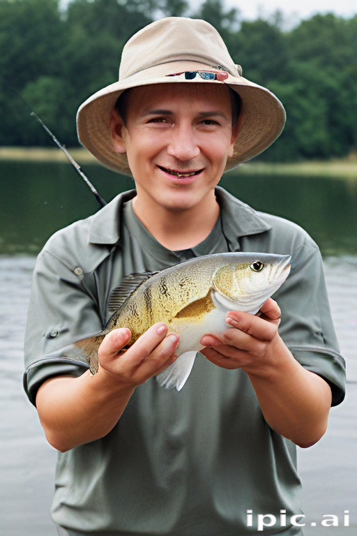 Young Angler Proudly Displays His Catch of the Day by the Lake