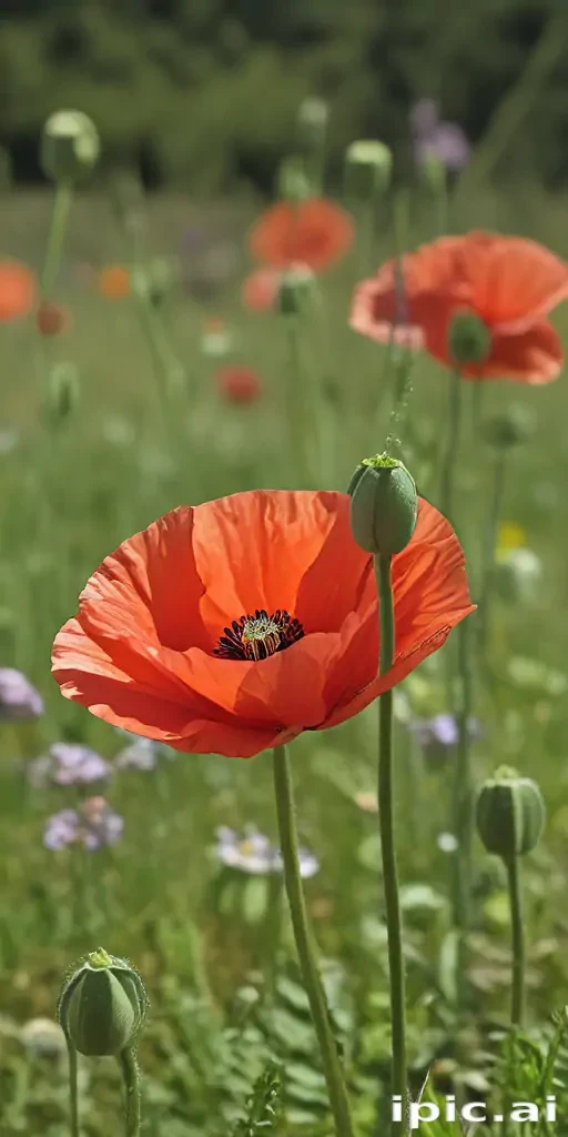 Vibrant Poppy Flowers Blooming in a Lush Green Field Under Sunshine.