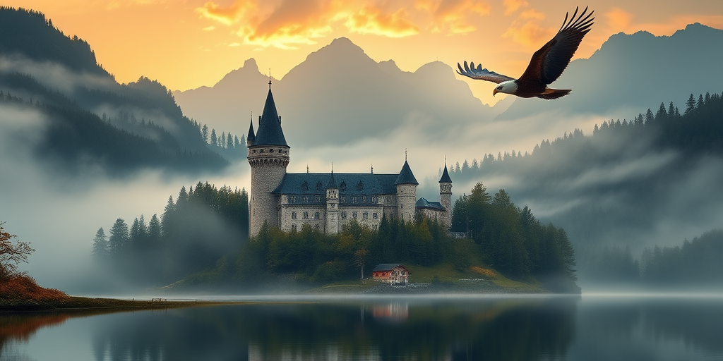 A Majestic Castle Nestled Among Misty Mountains at Sunrise.