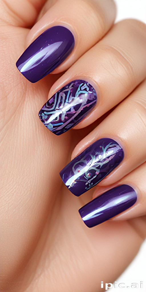 Elegant Purple Nail Art Design with Intricate Floral Patterns and Shine