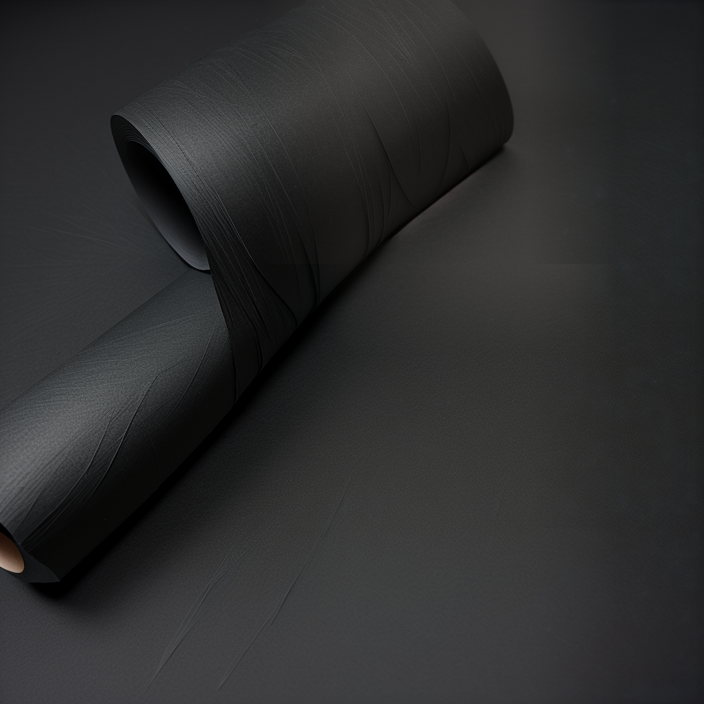 A Roll of Textured Black Vinyl Material on a Dark Surface.