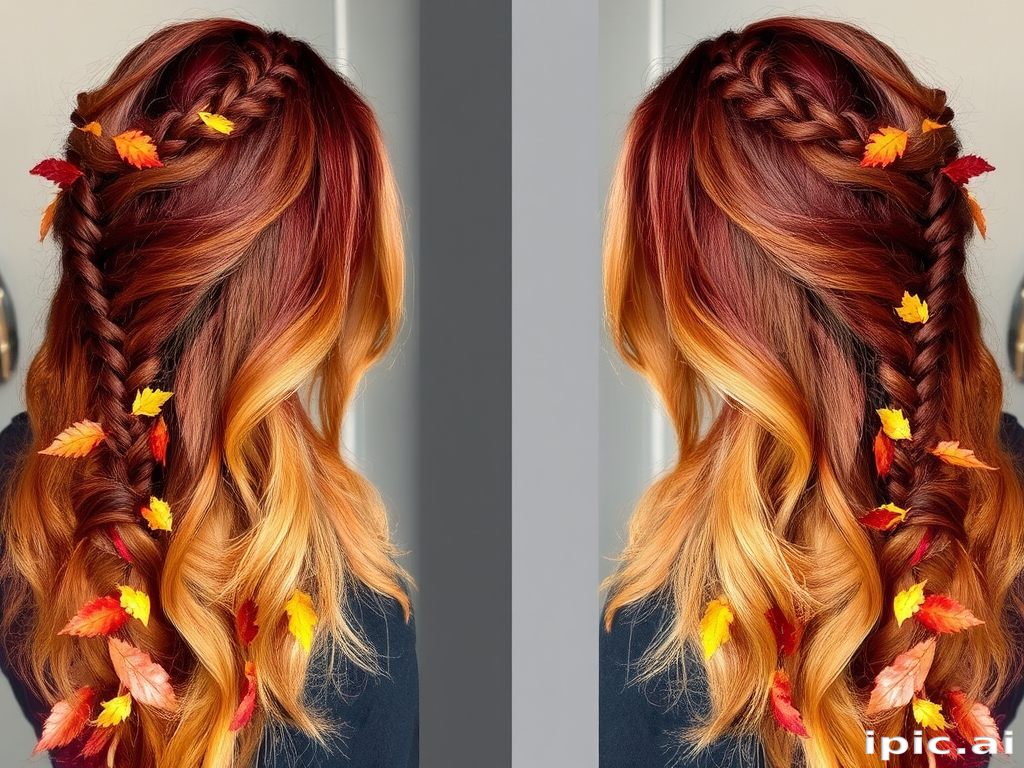 Beautiful Autumn-Inspired Hair with Braids and Colorful Leaf Accents