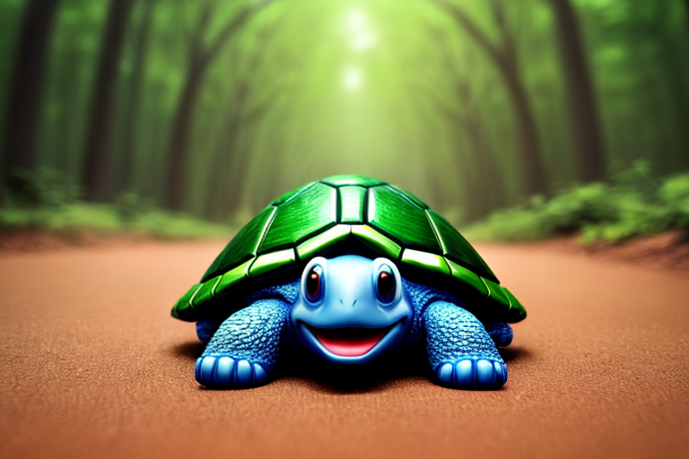 A happy cartoon turtle in the green forest
