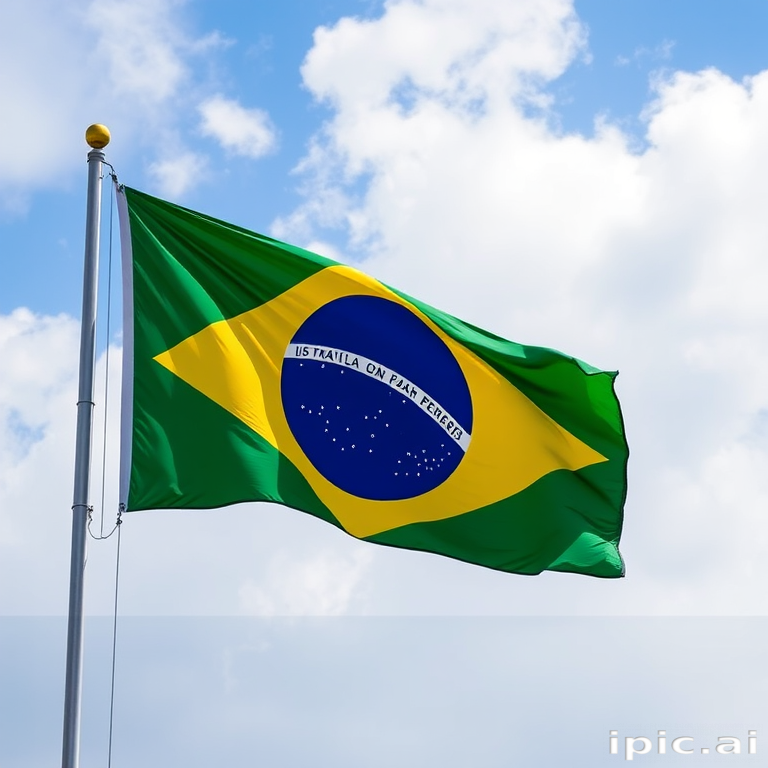 Vibrant Brazilian Flag Waving Gracefully Under a Clear Blue Sky