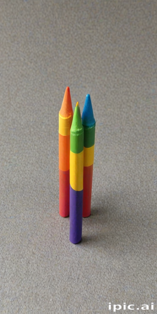 Three Vibrantly Colored Crayons Standing Together on a Neutral Background
