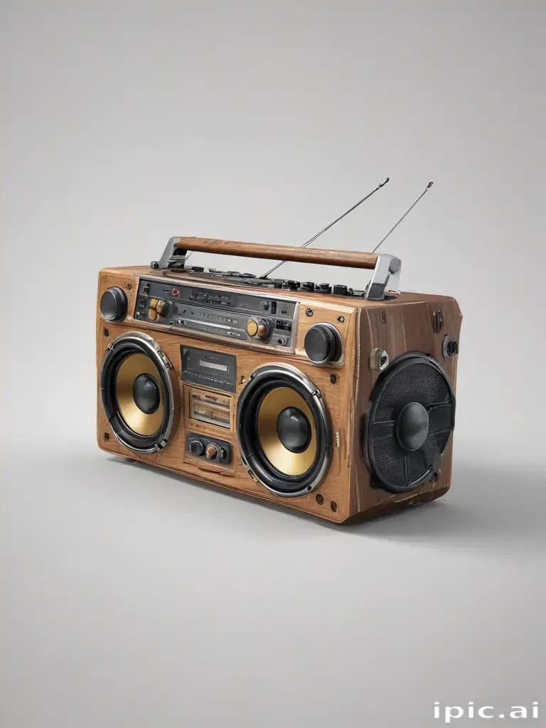 Vintage Wooden Boombox with Dual Speakers and Retro Design Features