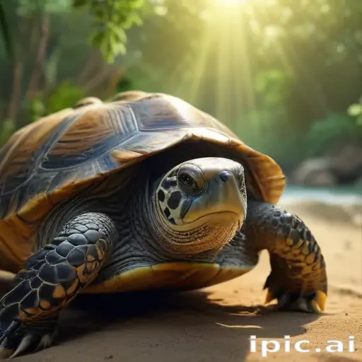 A Majestic Turtle Crawling Gracefully Through a Sunlit Tropical Environment