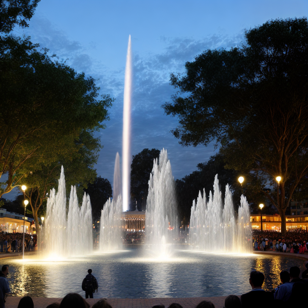 fountain show, many people, city light