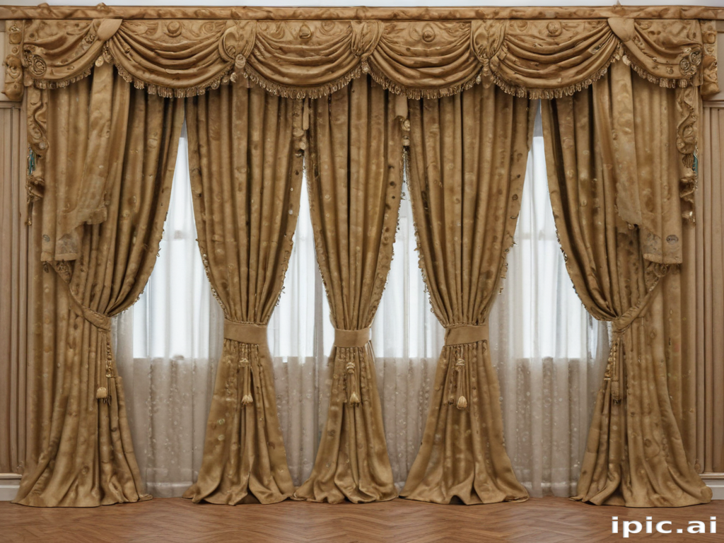 Elegant Golden Drapery with Intricate Detailing Framing Soft Natural Light.