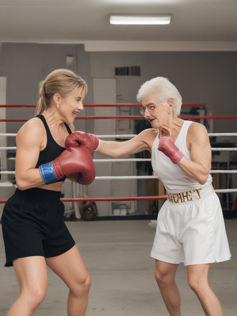 Grandma winning a boxing match against a punk girl