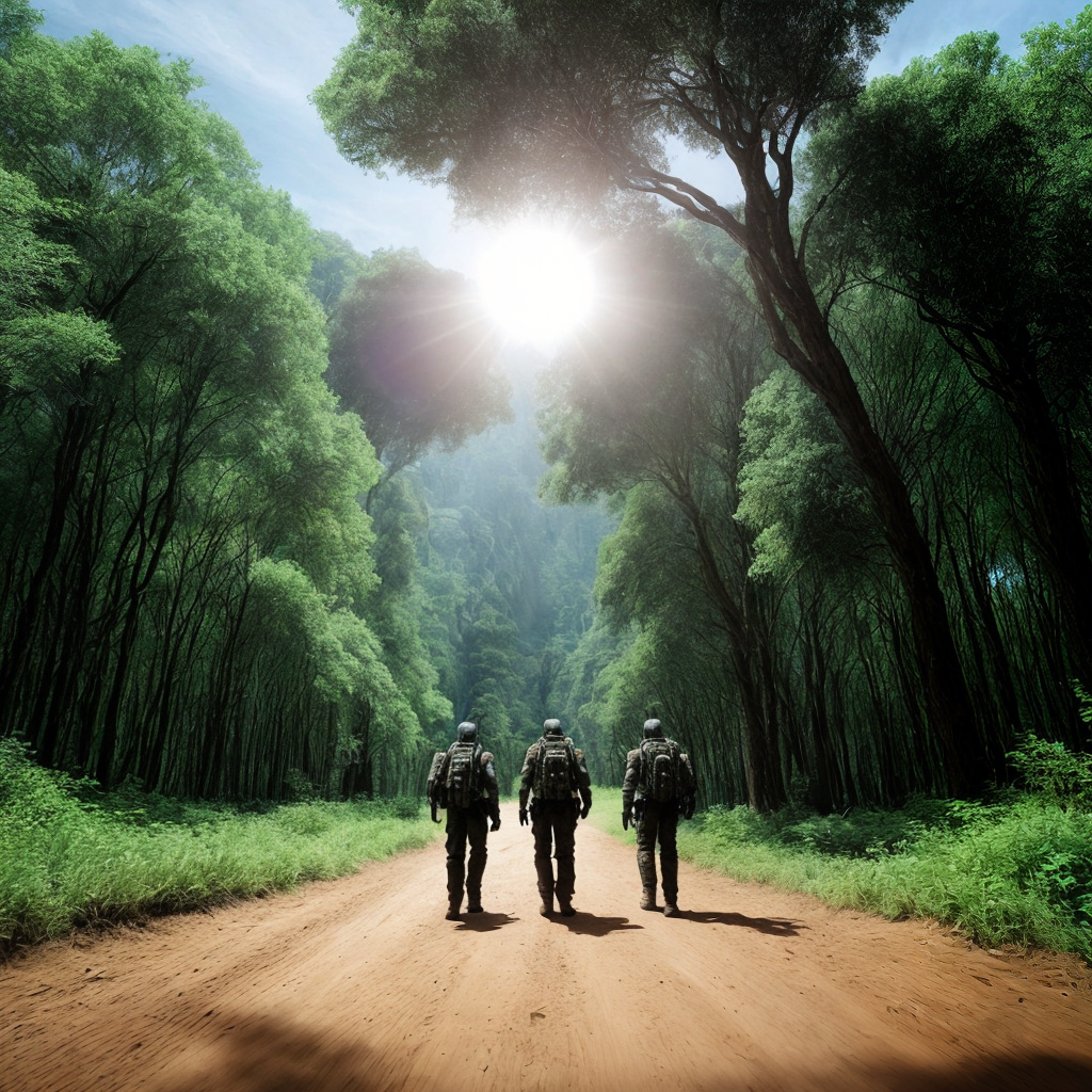 Members of SG1 team exit stargate on a lush alien planet with two suns