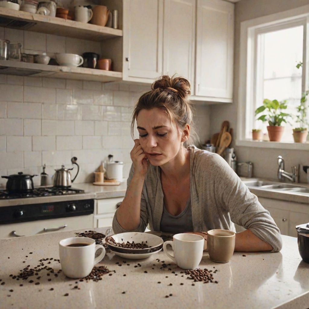 Contemplative Morning in a Cozy Kitchen Surrounded by Coffee Cups and Beans