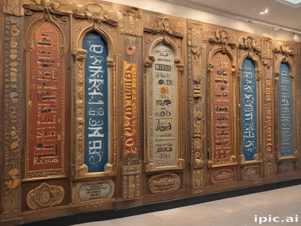 Intricate Wall Art Display Featuring Diverse Cultural Symbols and Textures