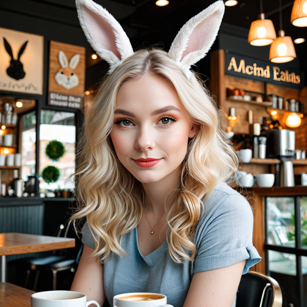 Cute platinum blonde girl with realistic rabbit ears, wavy hair, pale ...