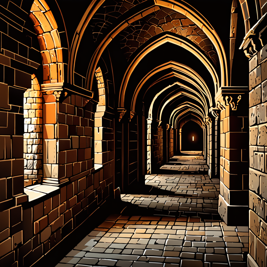 Empty corridor in a medieval castle with niches for knight's armor ...