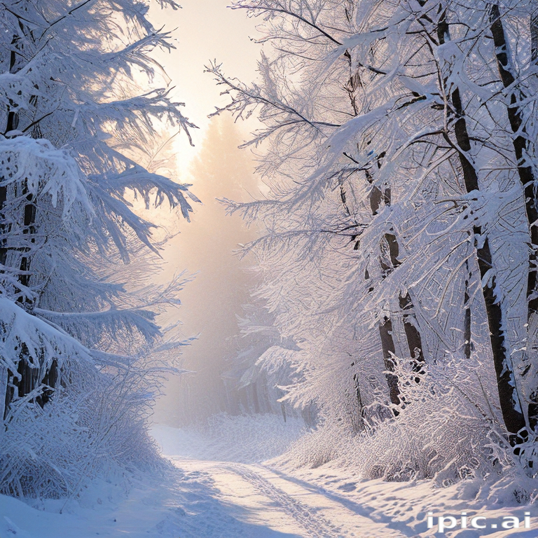 A Serene Winter Pathway Surrounded by Snow-Covered Trees and Mist.